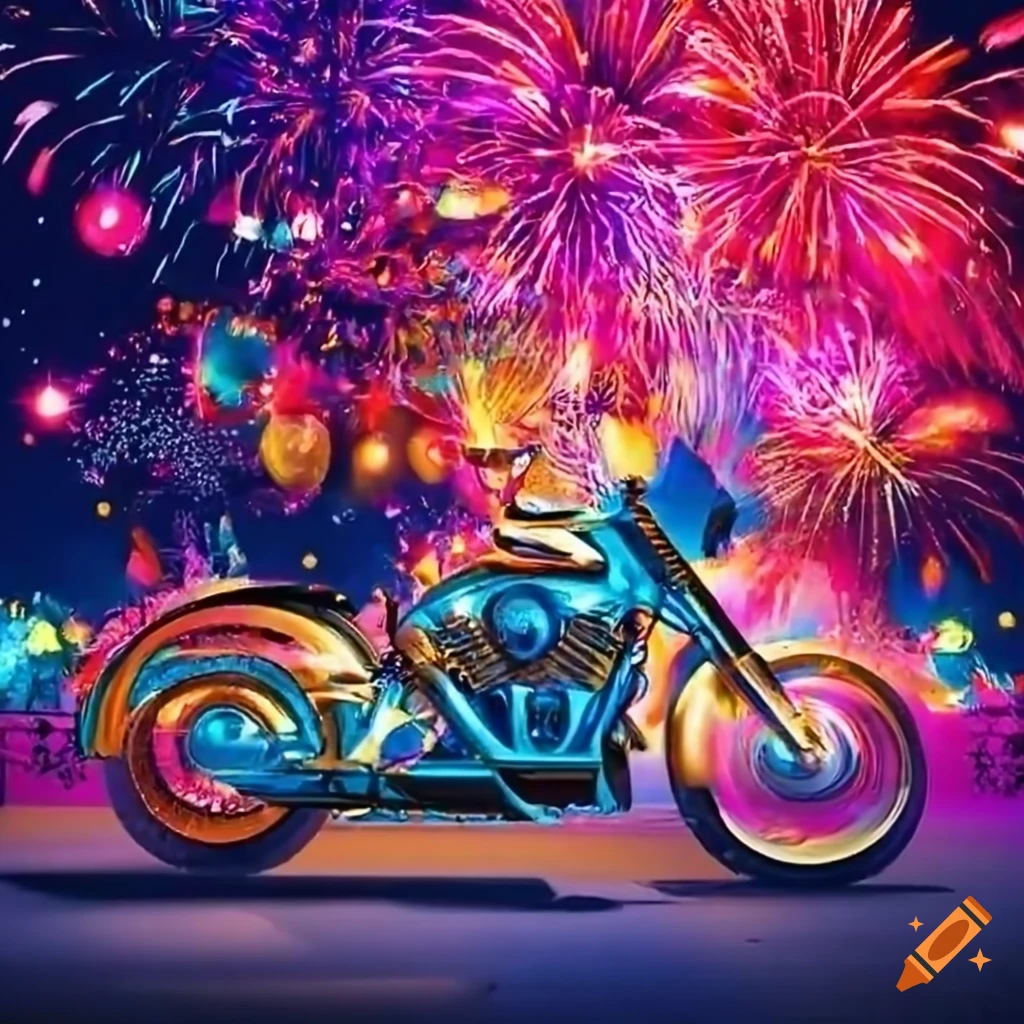 Vibrant new year celebrations with motorcycles behind elaborate artwork ...