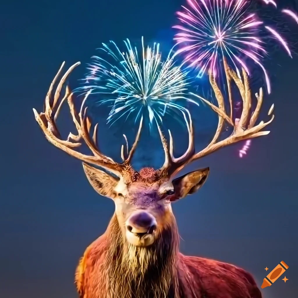 Majestic red stag with fireworks in the night sky on Craiyon