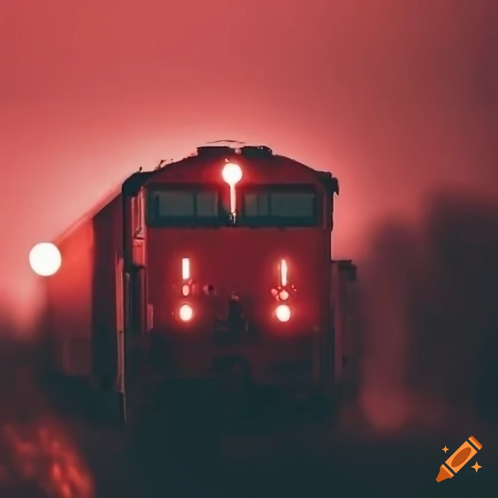 Red freight train at rural crossing with gloomy atmosphere and red ...