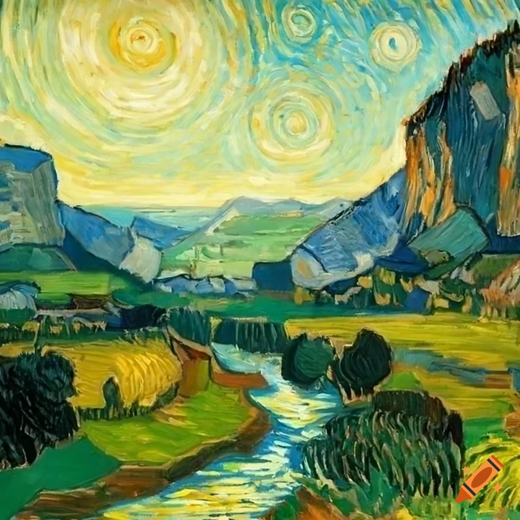 Vincent van gogh painting of a majestic sky, verdant valley, river ...