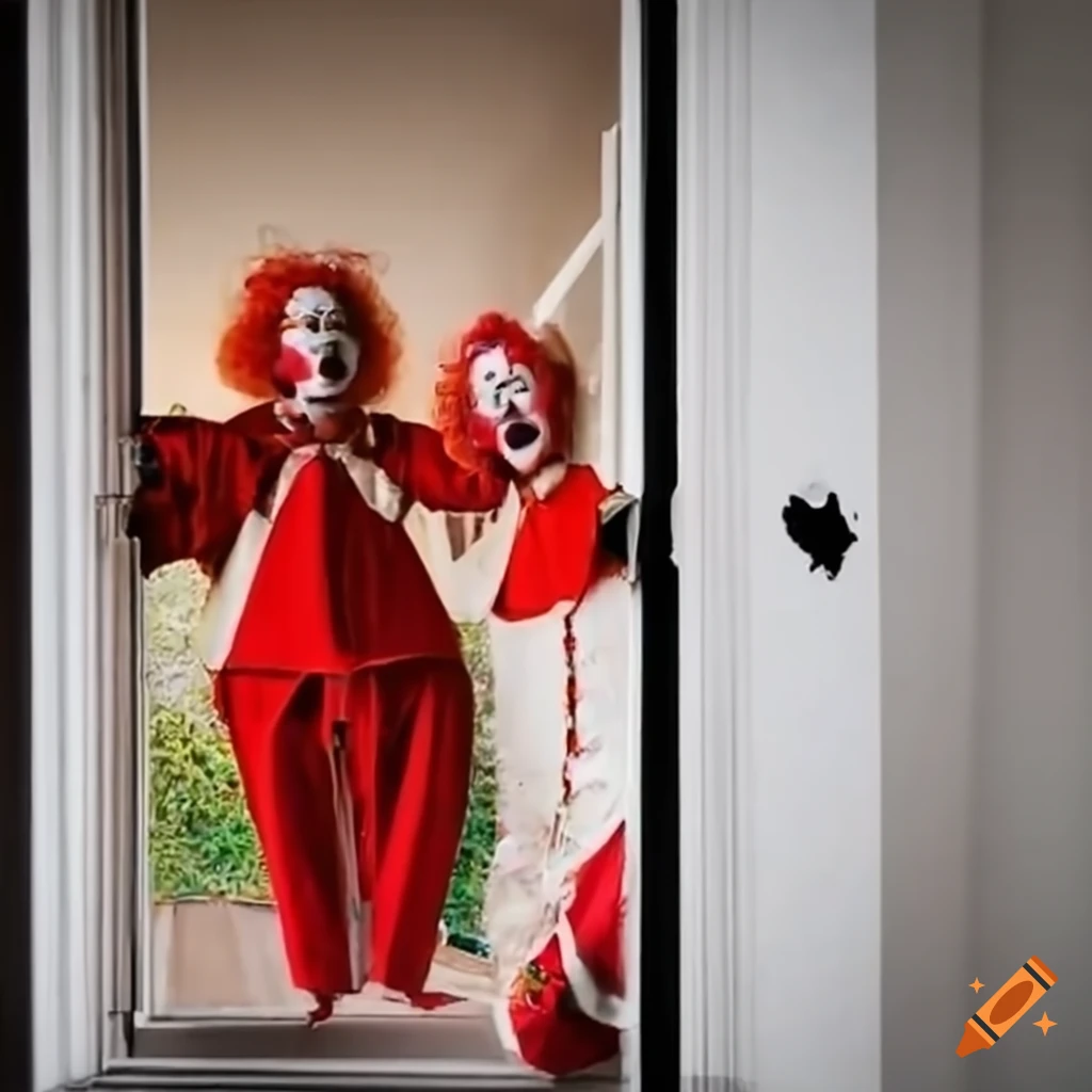 Three pale clowns with hands stuck in window blinds on Craiyon