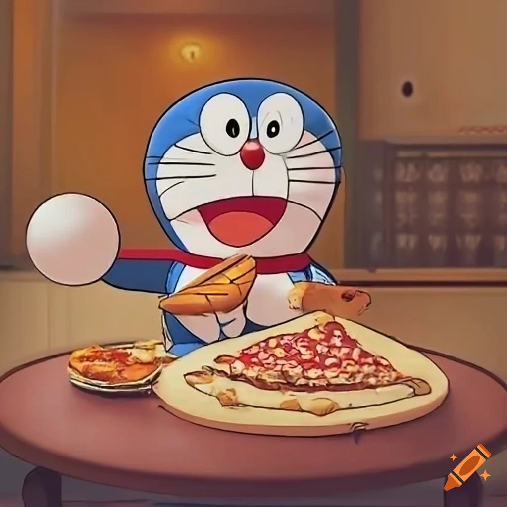 Doraemon enjoying pizza at a hotel on Craiyon
