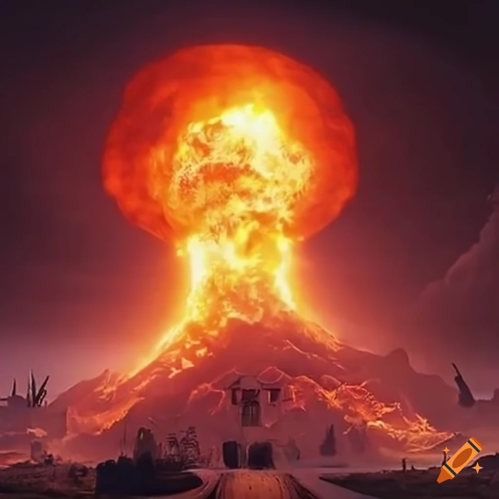 Phoenix rising from nuclear sun explosion in fantasy village on Craiyon