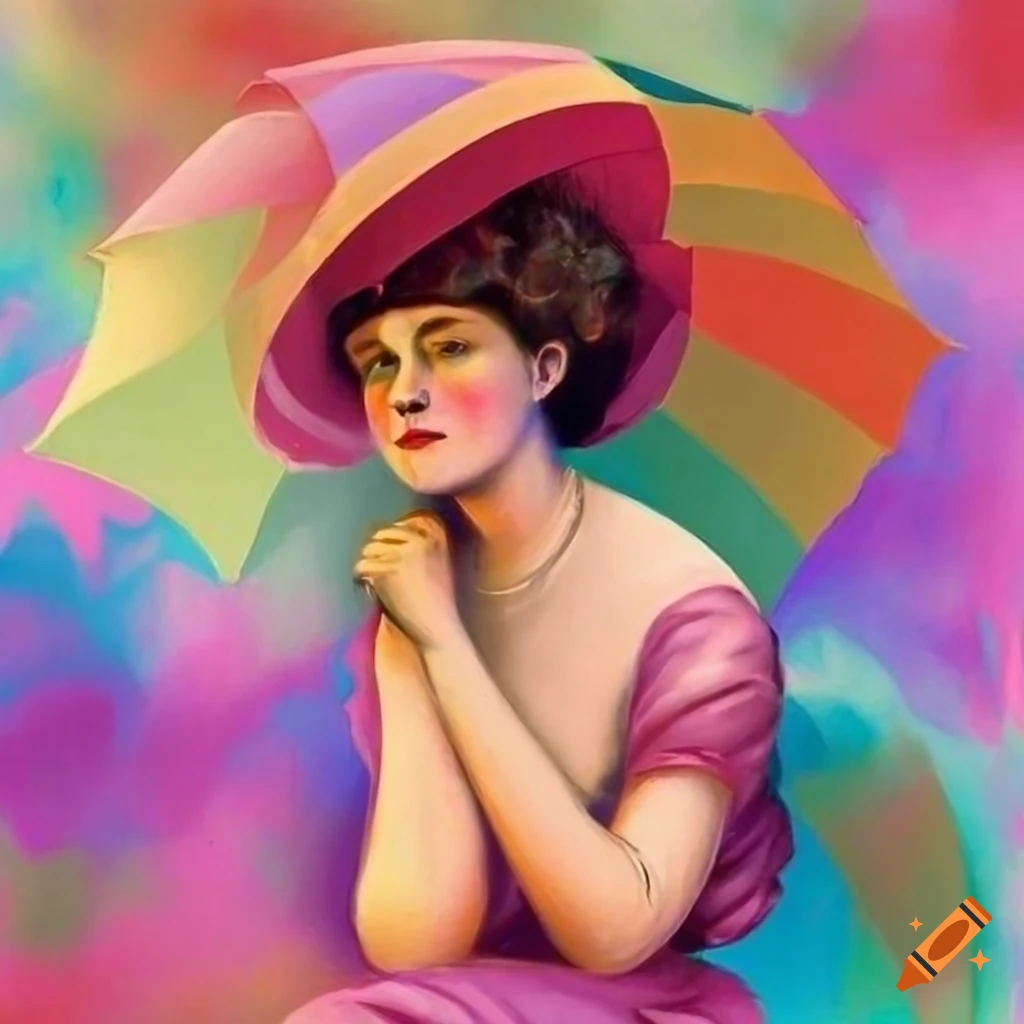 Abstract 1900's women sitting with parasol on multi-color background on ...