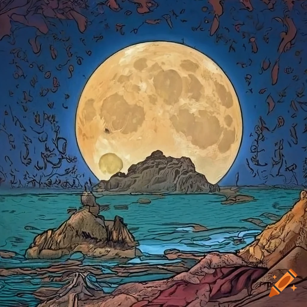 Moon landscape with art nouveau and moebius style on Craiyon
