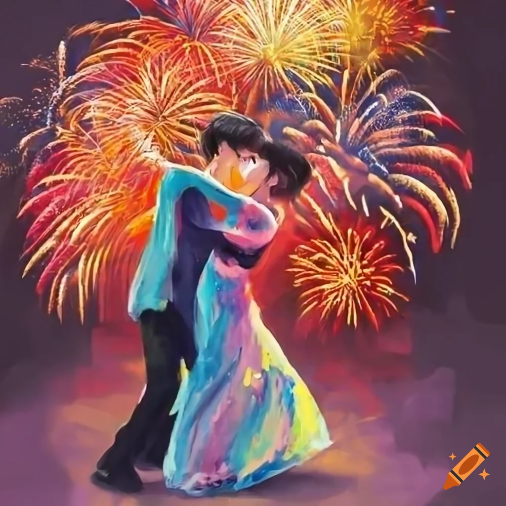Couple dancing lindu hop with festive fireworks in the background on ...