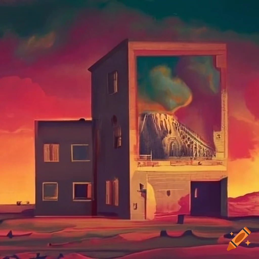 Retro surrealist art with urban motifs and surreal landscapes on Craiyon