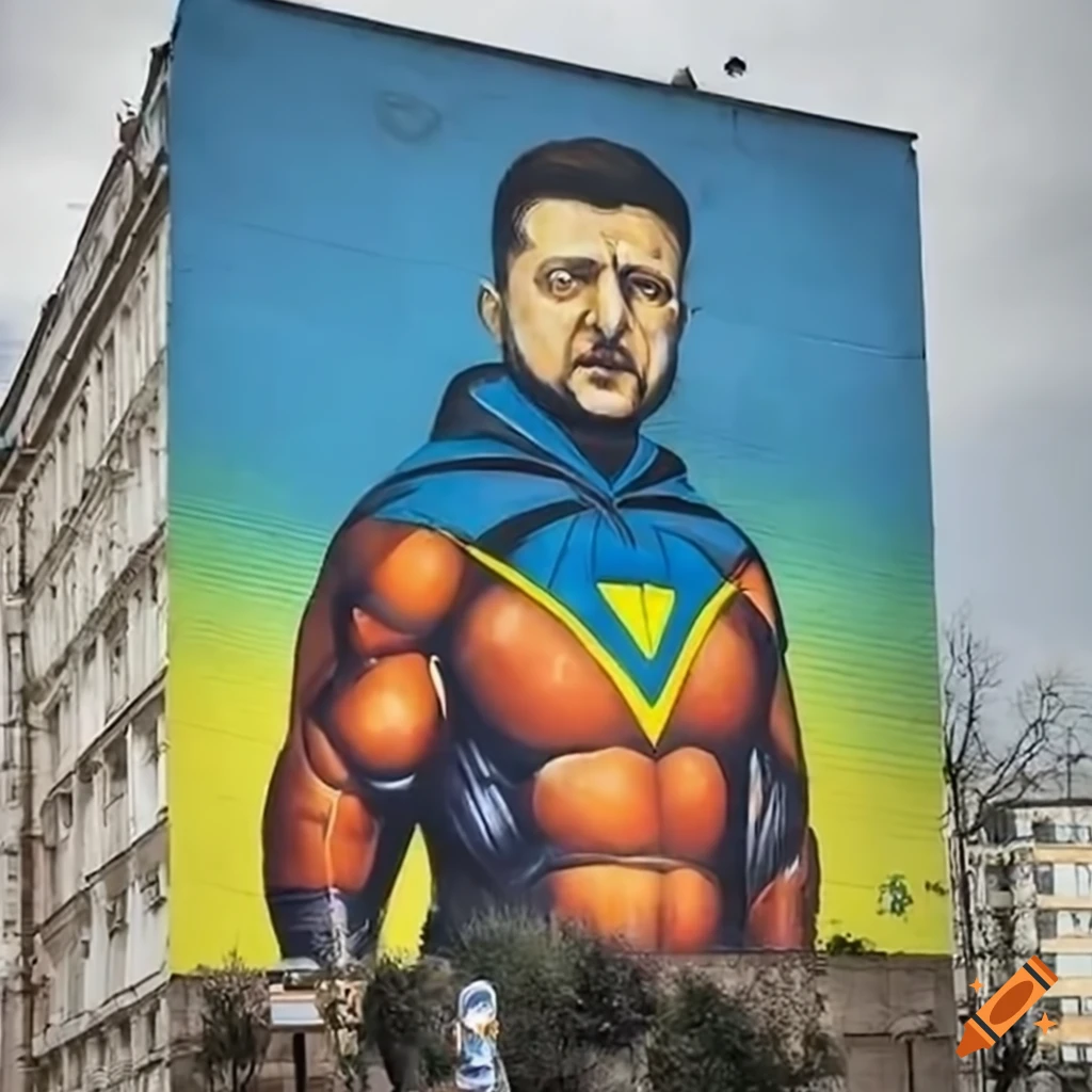 Mural of Ukrainian President Zelenskyy in superhero suit with Ukraine ...
