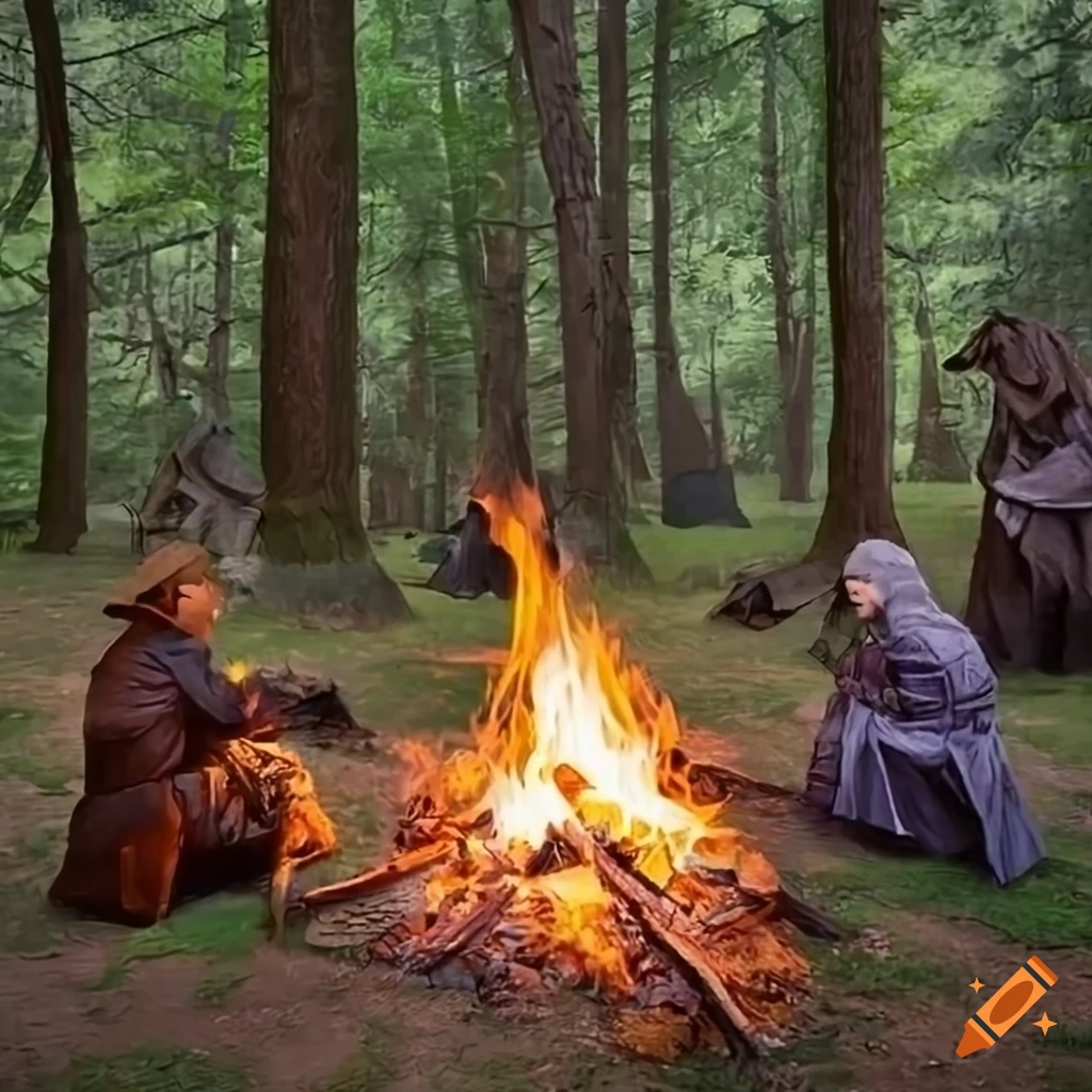 Small camp fire in an epic medieval RPG fantasy forest landscape on Craiyon