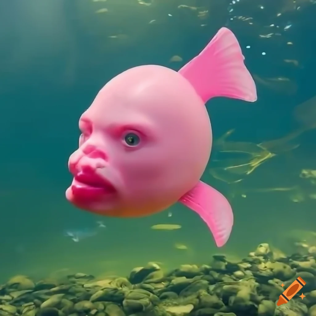 Close-up of transformation into rubber fish with human face underwater ...