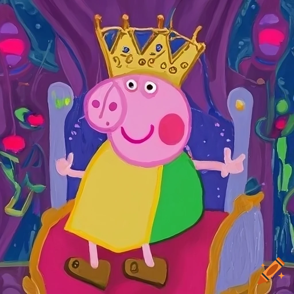 Colorful oil painting of peppa pig as a queen on a throne on Craiyon