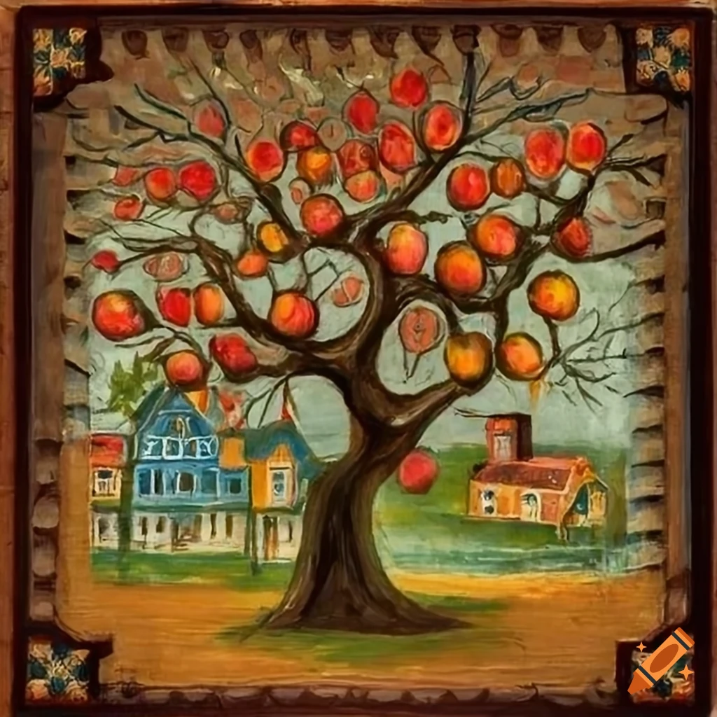 Medieval folk style painting of an apple tree with a village in the ...