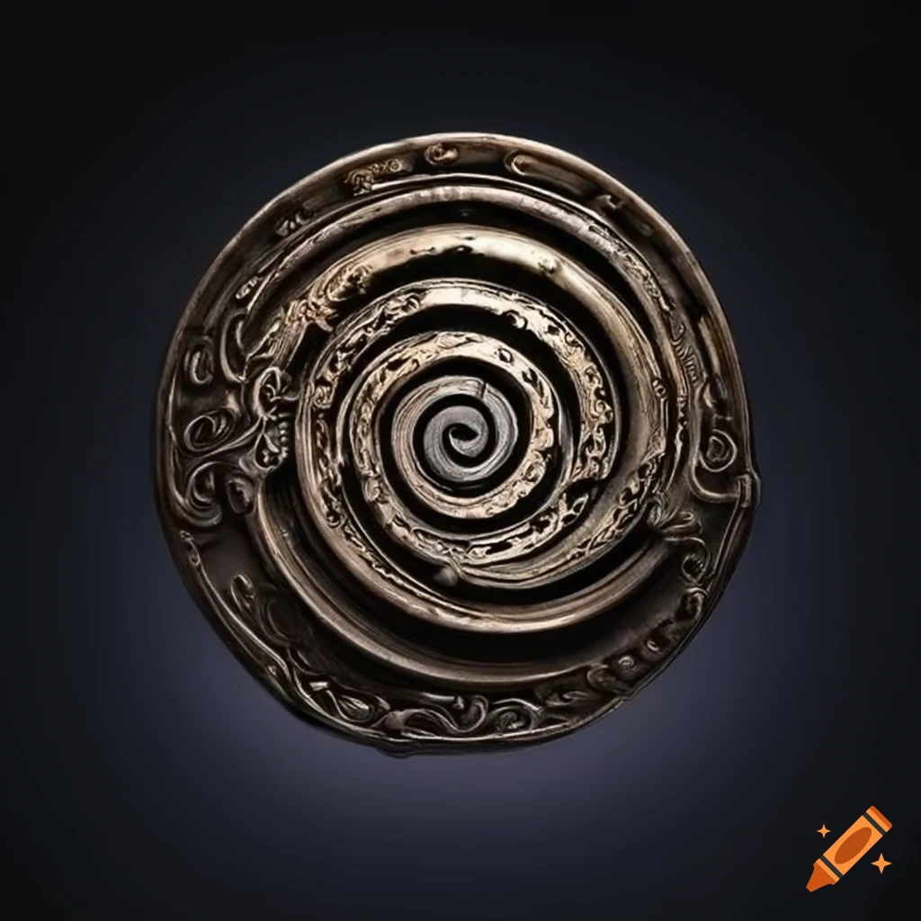 Medieval style metal spiral design with engravings and light ...