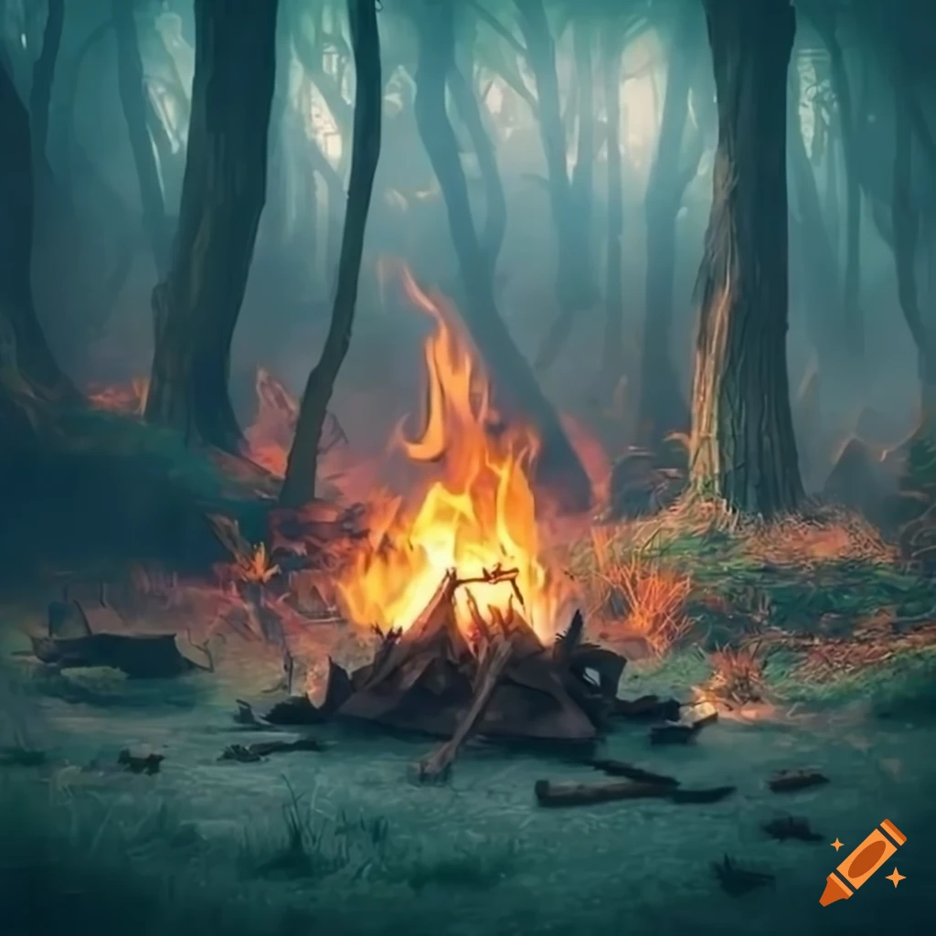 Small camp fire in an epic medieval rpg fantasy forest landscape on Craiyon
