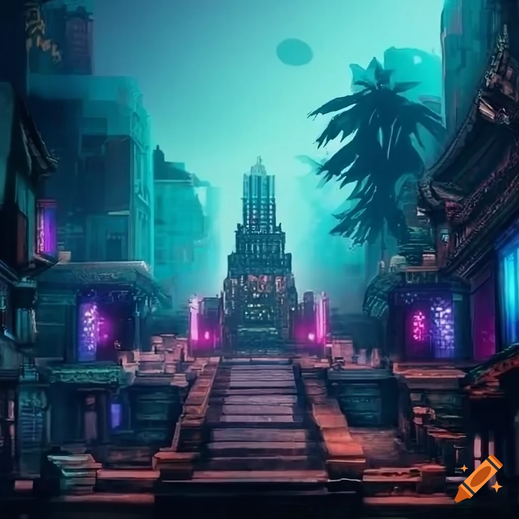 Aztec cyberpunk city with temple on Craiyon