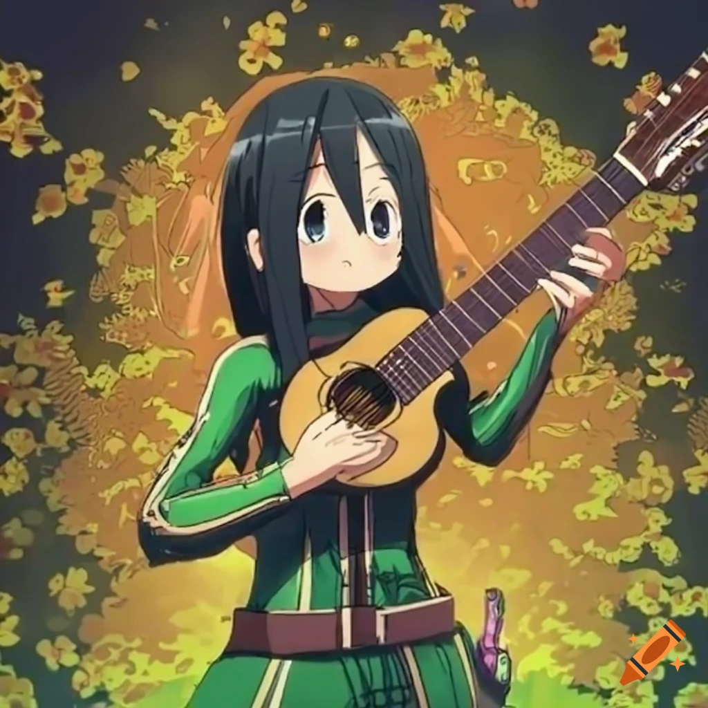 Tsuyu asui posing with a yellow flower and a guitar on stage on Craiyon
