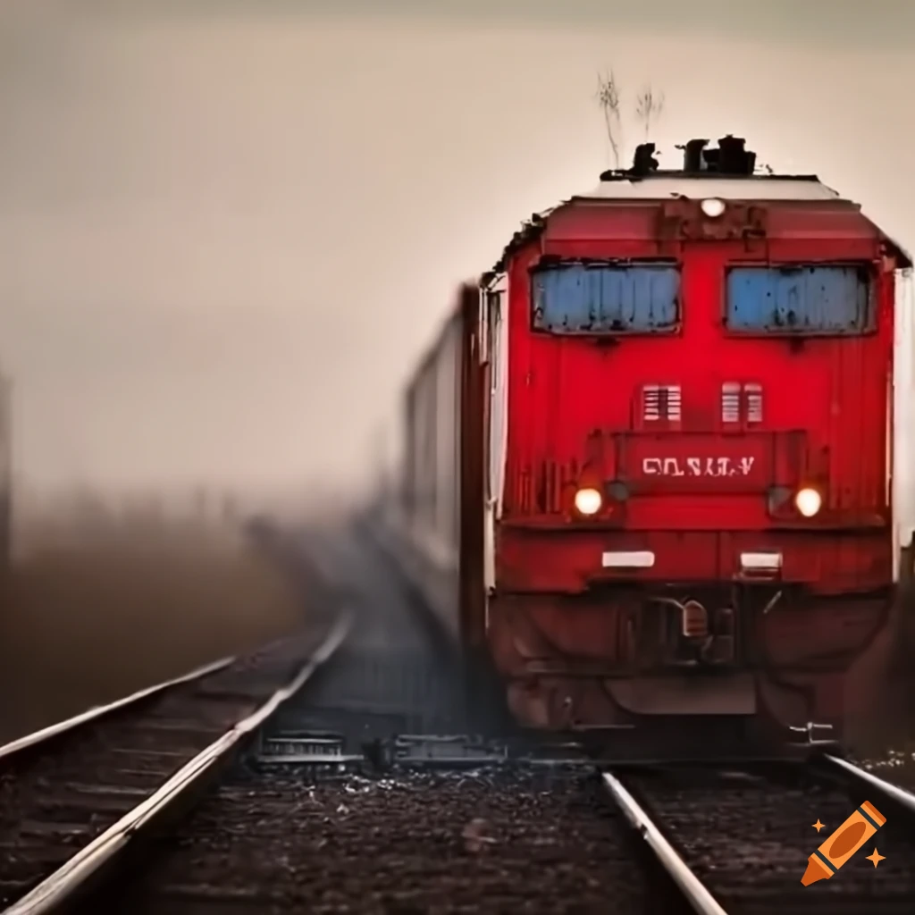 Red freight train at rural crossing with gloomy atmosphere and red ...