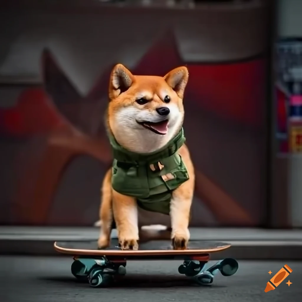 Shiba inu dog in military uniform skateboarding in Times Square on Craiyon