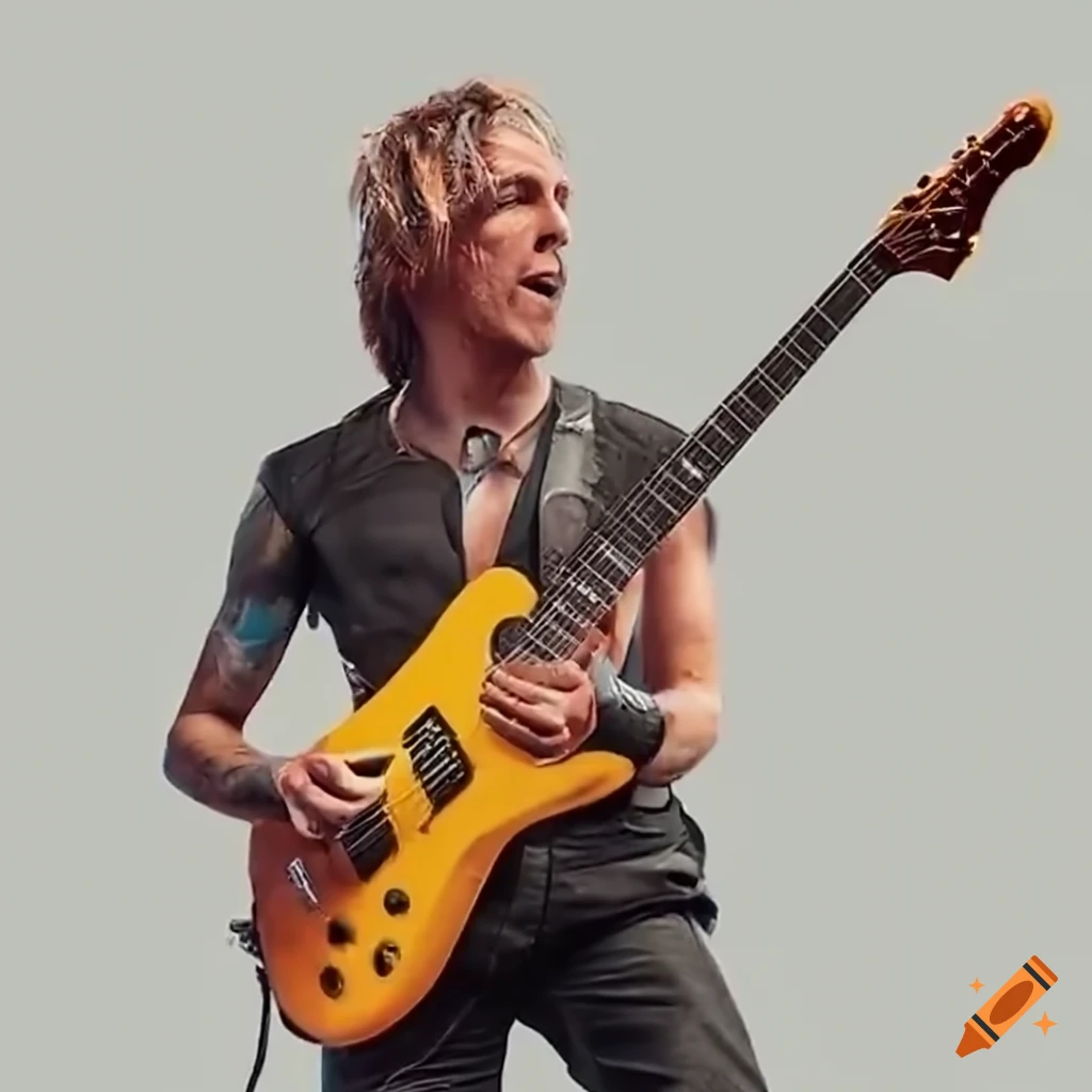 Intense rock guitarist playing power chords in daylight on Craiyon