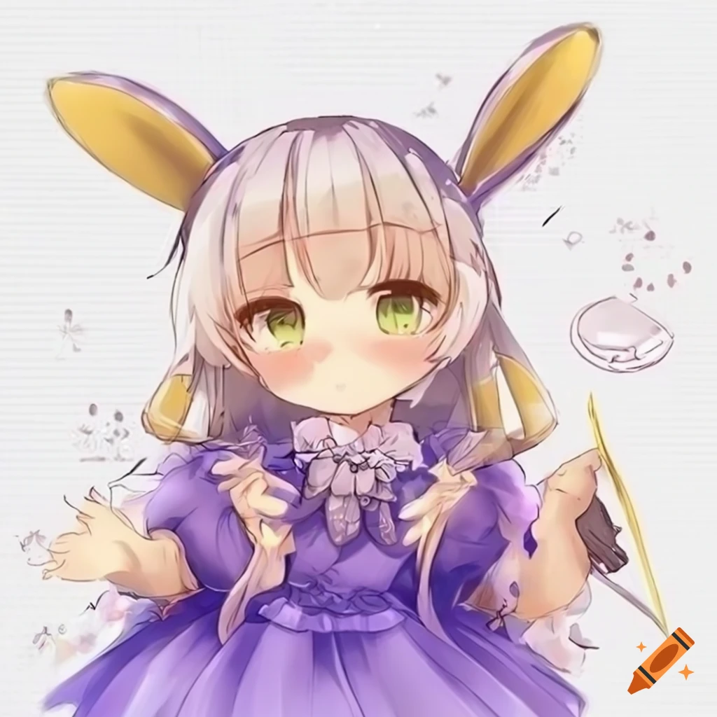 Chibi anime rabbit girl with yellow eyes, braided hair, and a purple ...