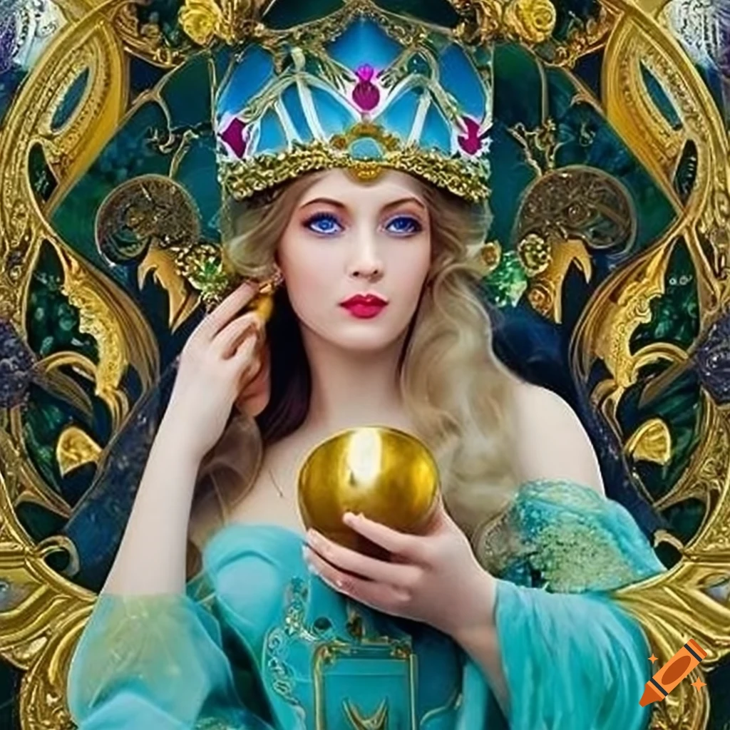 Etheric queen of water playing card with art nouveau princess on a ...