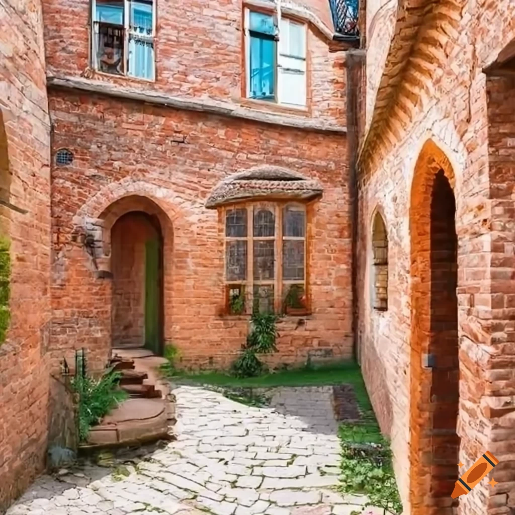 Historic cobblestone courtyard with vibrant medieval architecture on ...