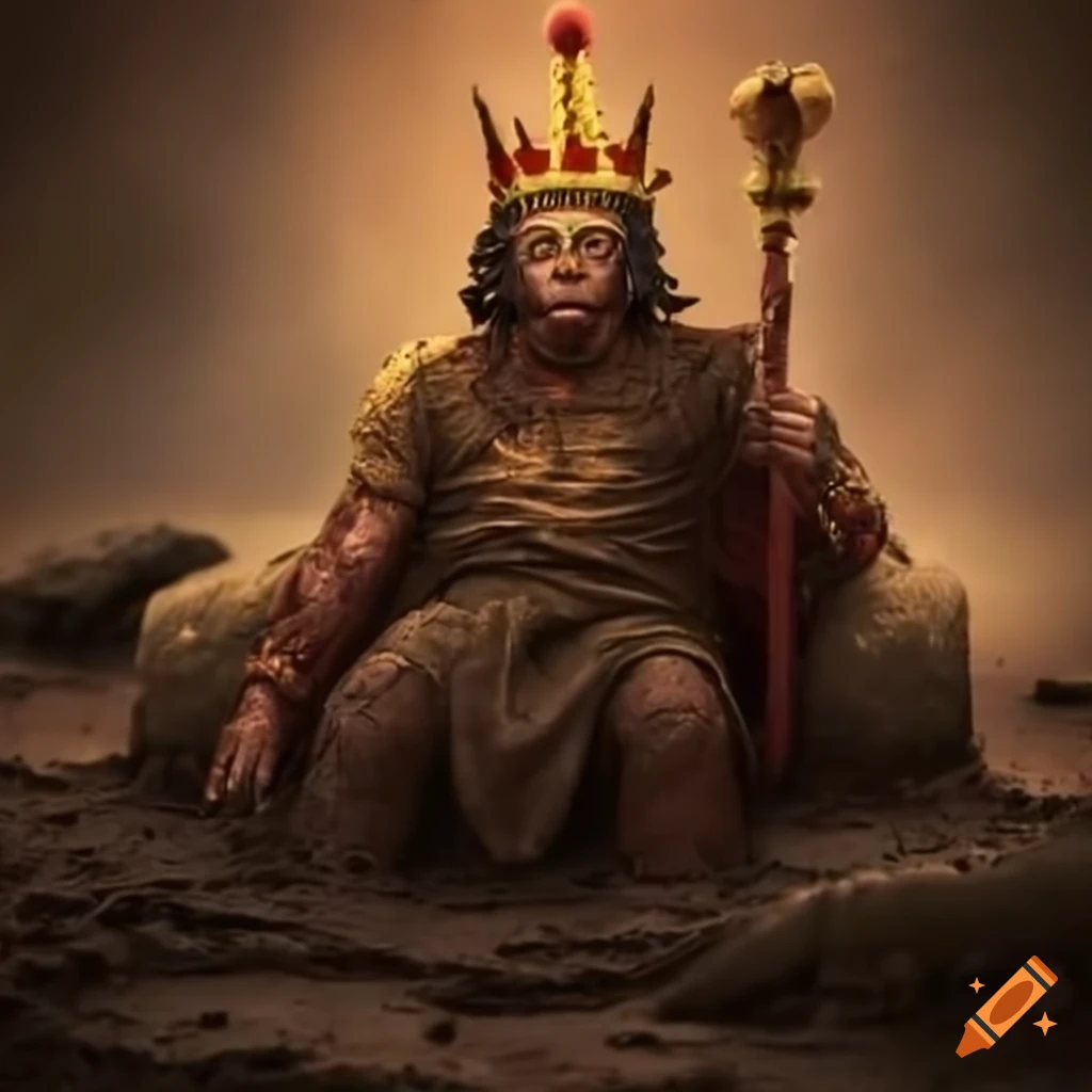 Powerful king lying in the mud with a humble expression on Craiyon