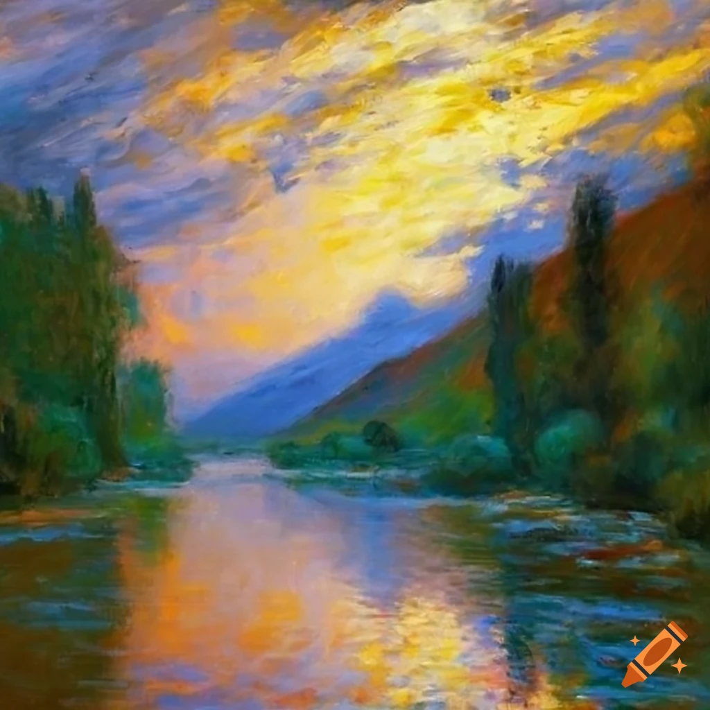 Monet painting of a majestic sky, verdant valley with river and ...