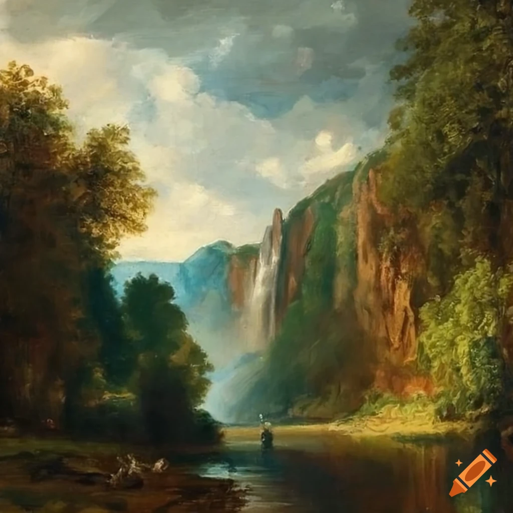 John Constable painting of a majestic sky, verdant valley with river and waterfall, and tall ...