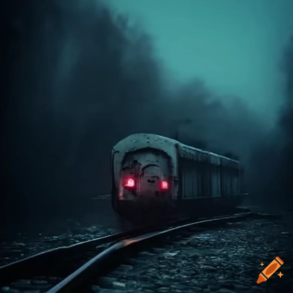 Eerie ghost train on ruined railway lit by street lights on Craiyon