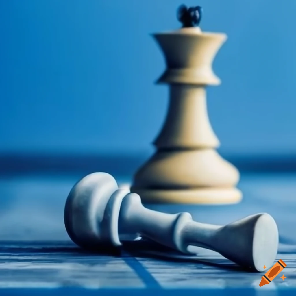 Toppled chess king on a blue chalk-drawn chess board on Craiyon