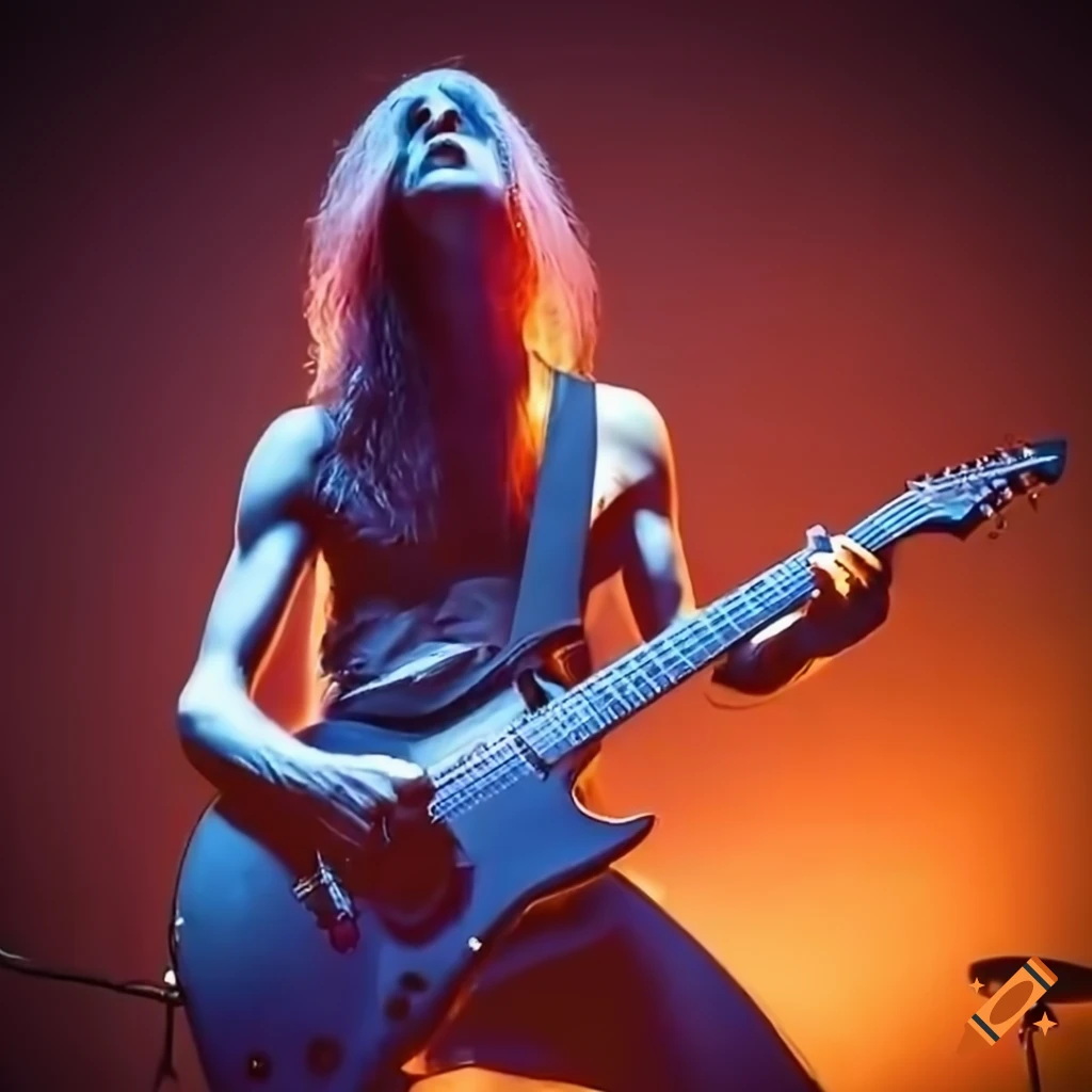 Intense rock guitarist performing in daylight on Craiyon