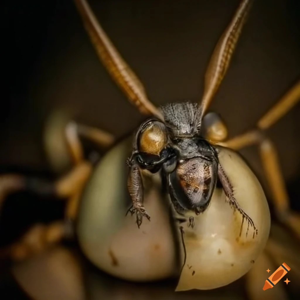 Panorama of strange animals, insects, and small humanoid in a ...