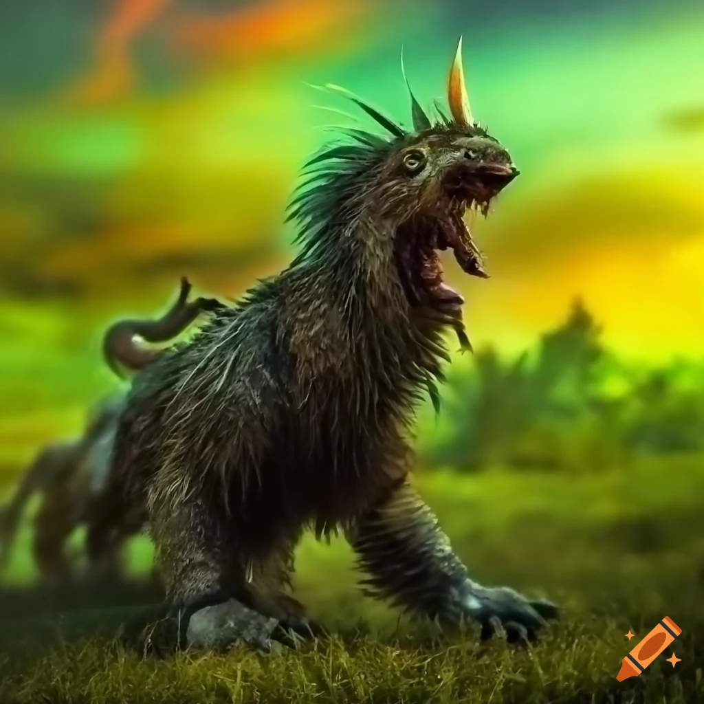 Greek chimera with spiky mane, scaly armor, and long reptile tail in ...