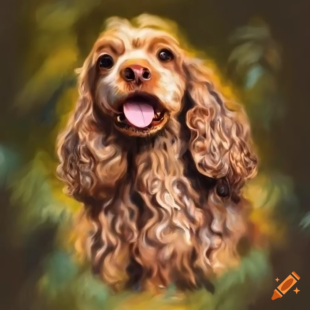 Fluffy cocker spaniel in a forest in the style of Renoir on Craiyon