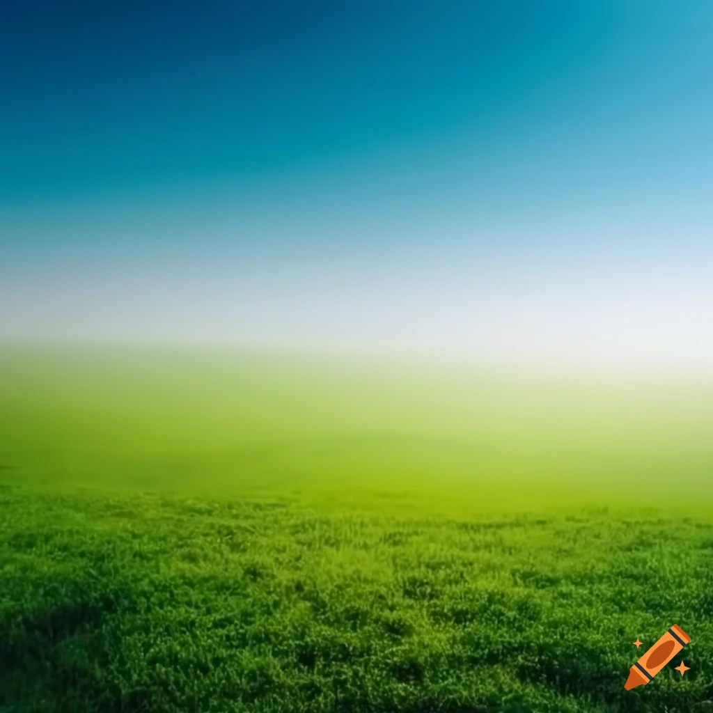 Beautiful green meadow under a clear blue sky with fog on Craiyon