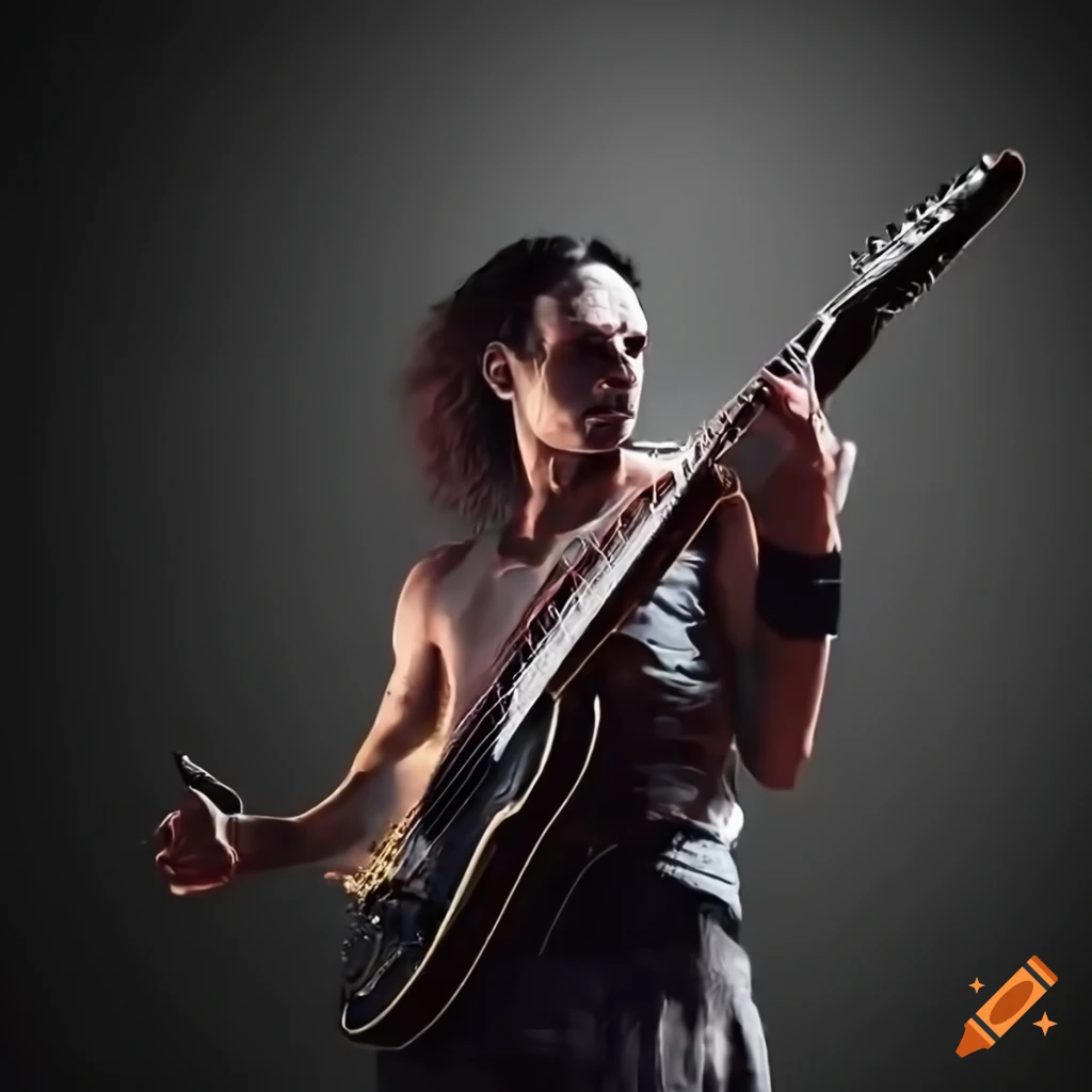 Intense rock guitarist performing in daylight on Craiyon