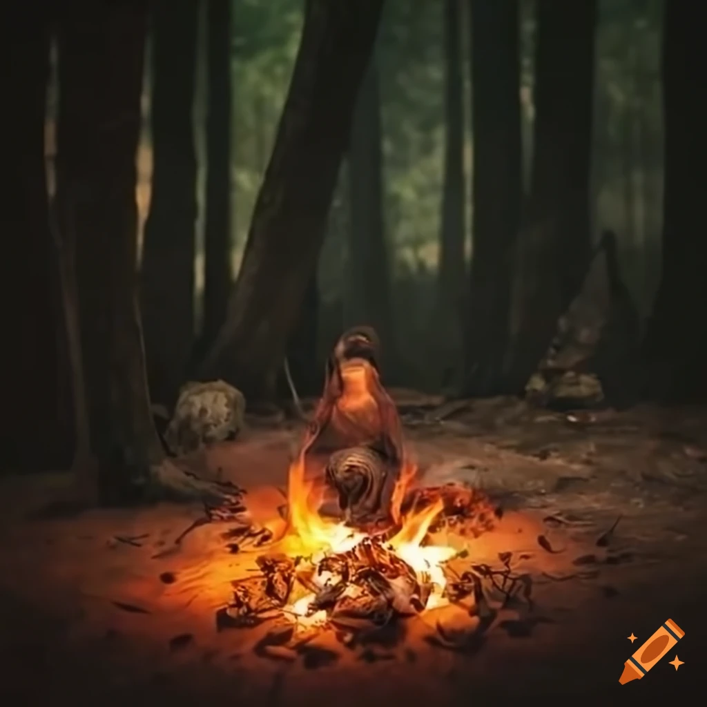 Small camp fire in an epic medieval rpg magical forest on Craiyon