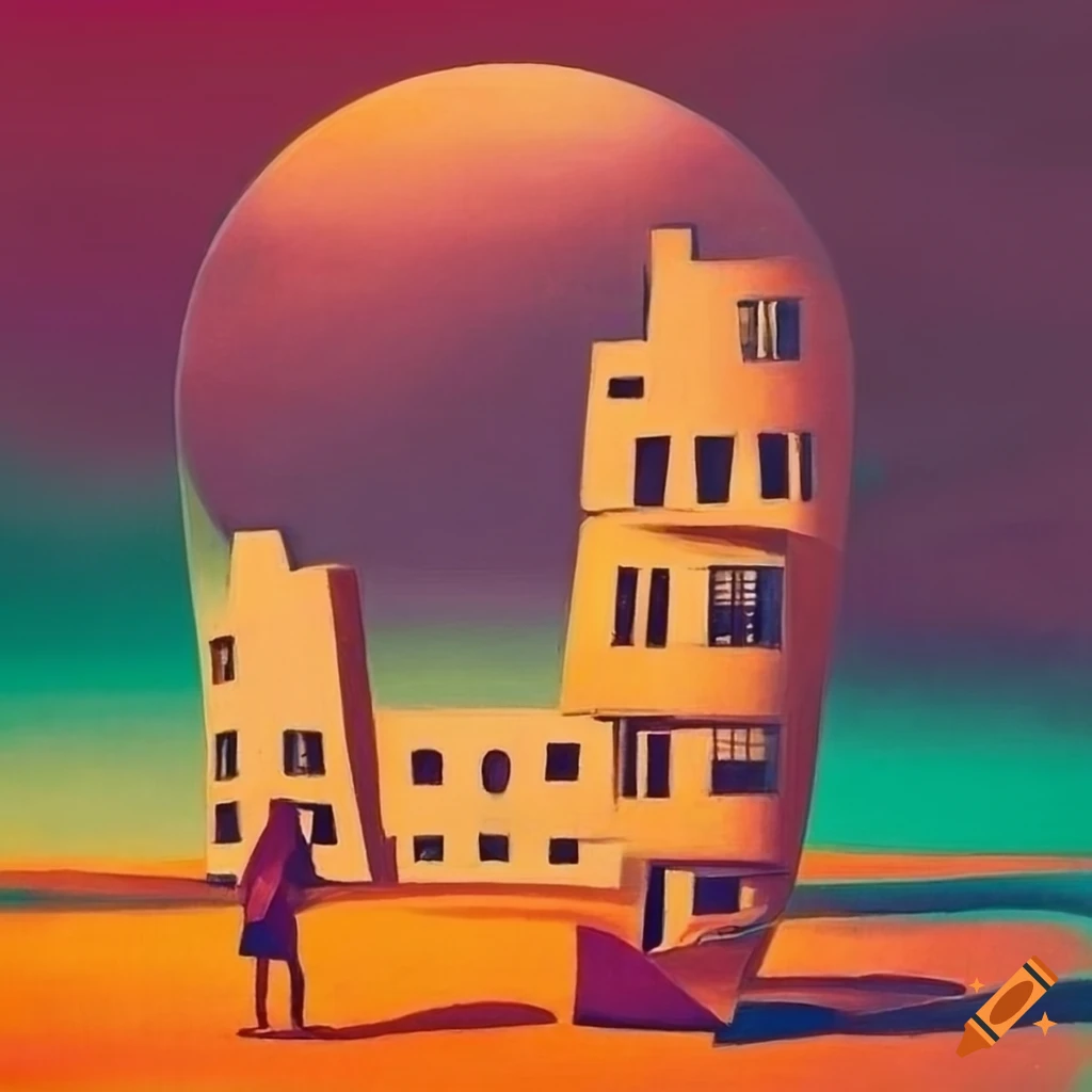 Retro surrealist art with urban motifs and landscapes in 1950 ...
