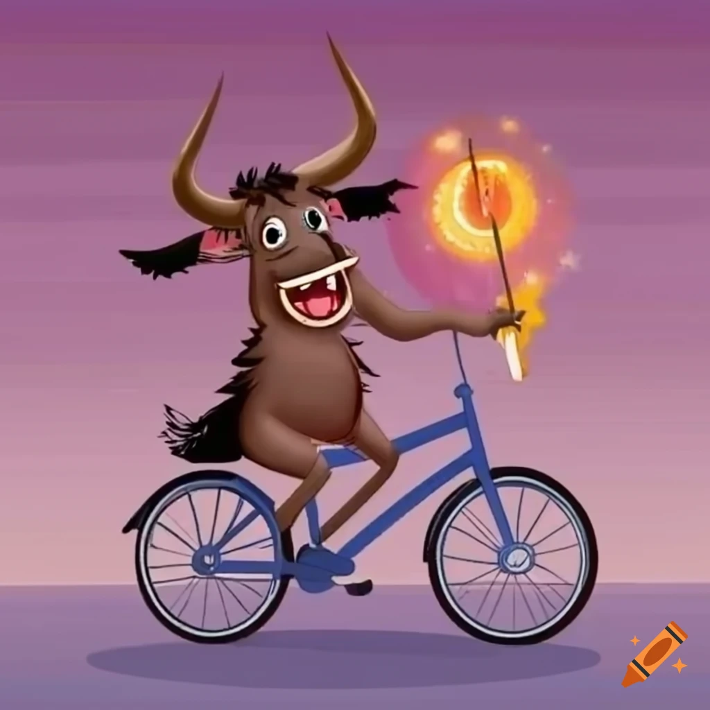 Cartoon gnu riding a bicycle and celebrating New Year's Eve on Craiyon