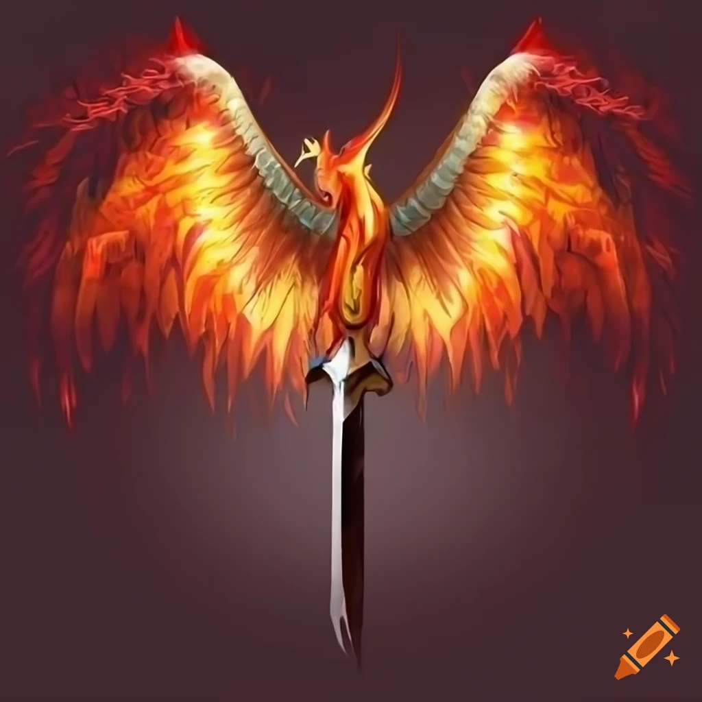 Sword with phoenix wings on fire background on Craiyon