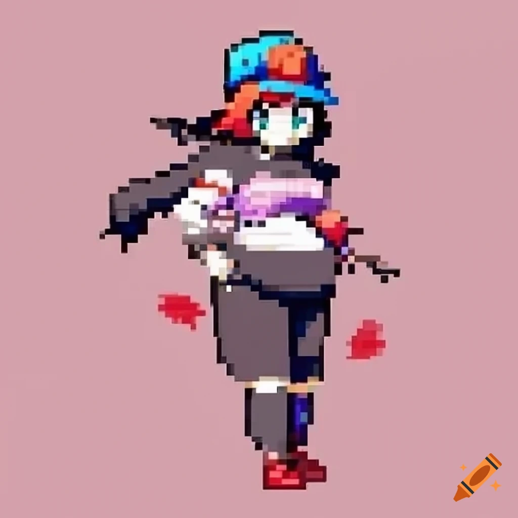 Full body pixel art of a female Pokemon trainer in anime style on Craiyon