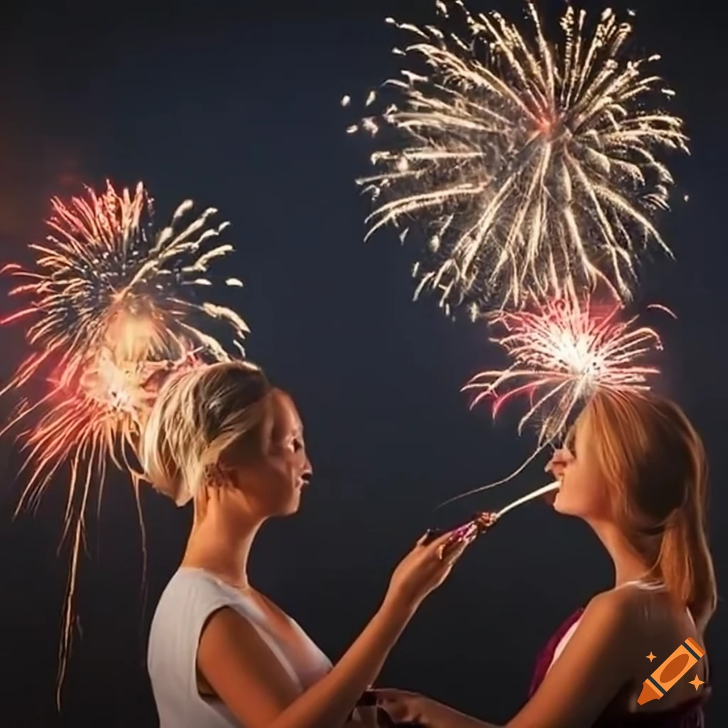 Two women celebrating with fireworks for 2024 on Craiyon