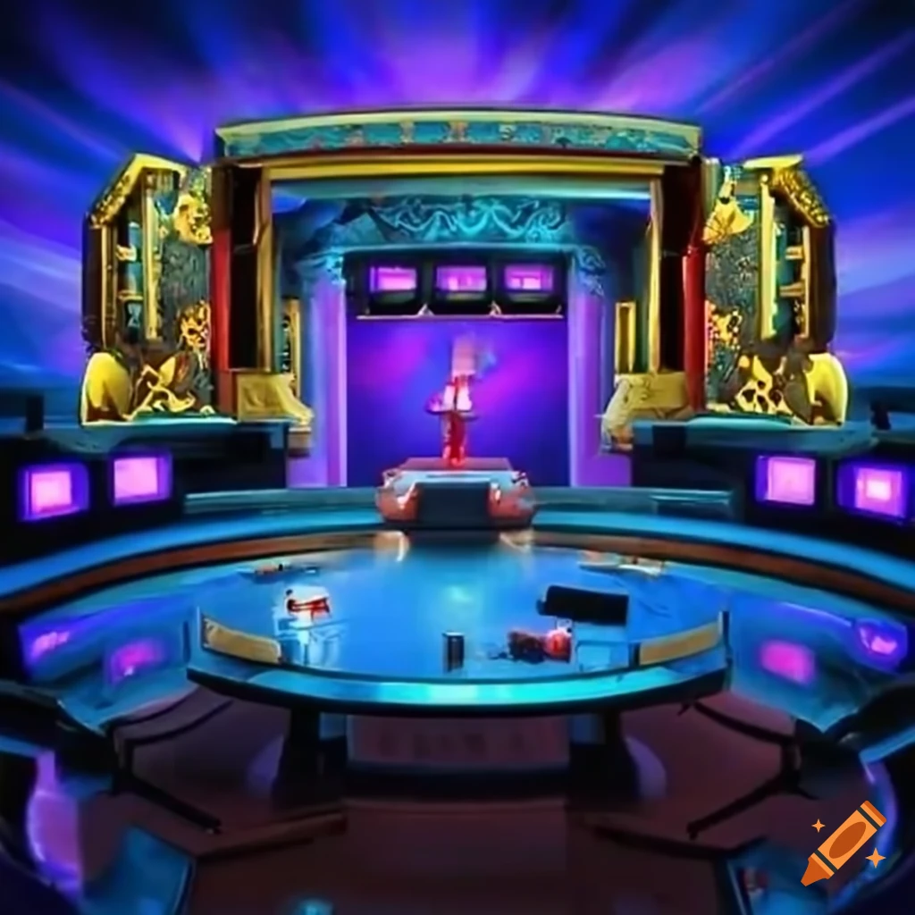 Game show setting with vibrant lights and enthusiastic participants on ...