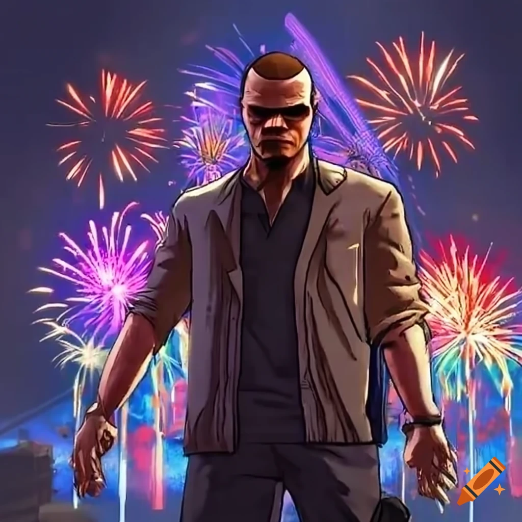 Trevor from grand theft auto enjoying fireworks on Craiyon