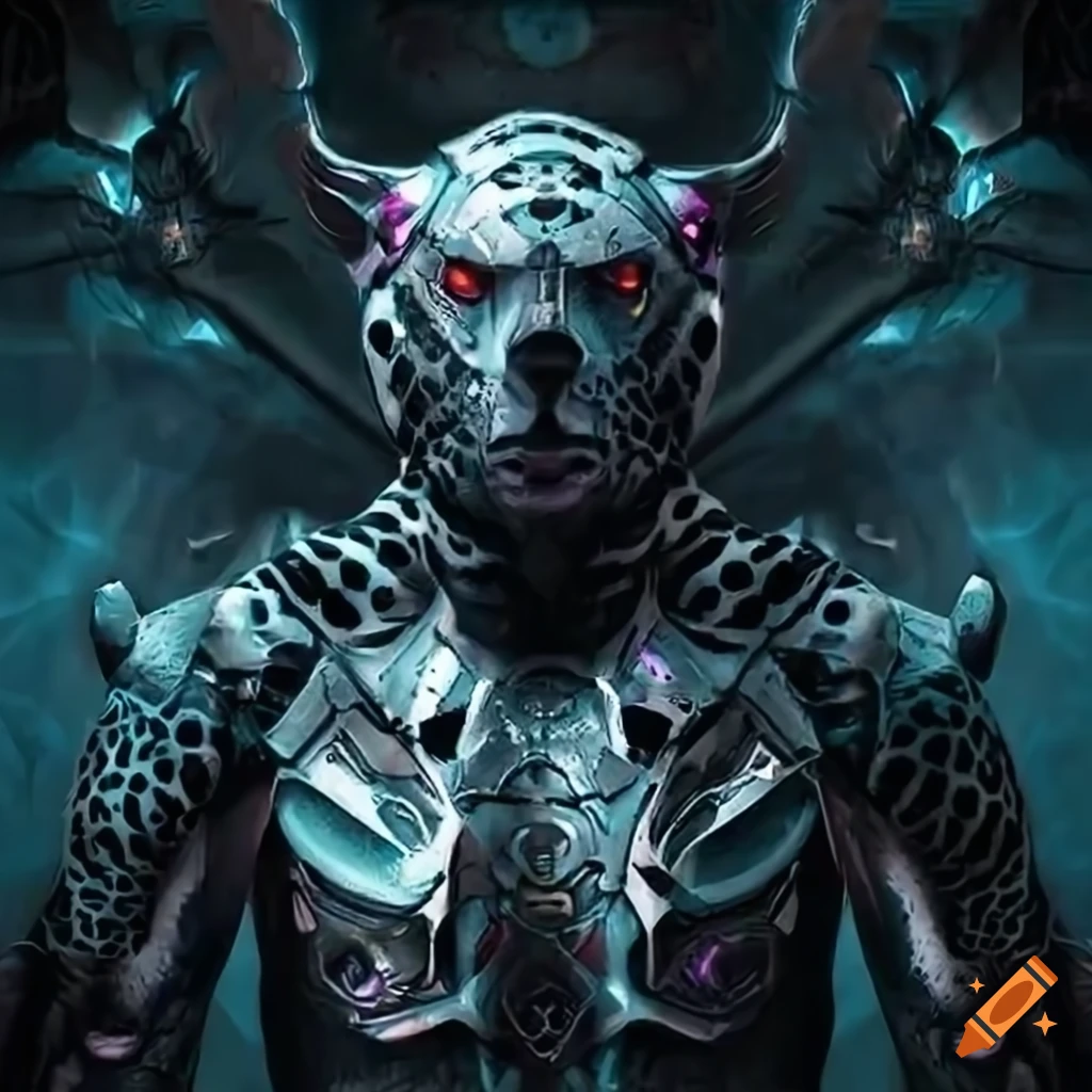 Mystical male jaguar in futuristic landscape operating high-tech suit ...