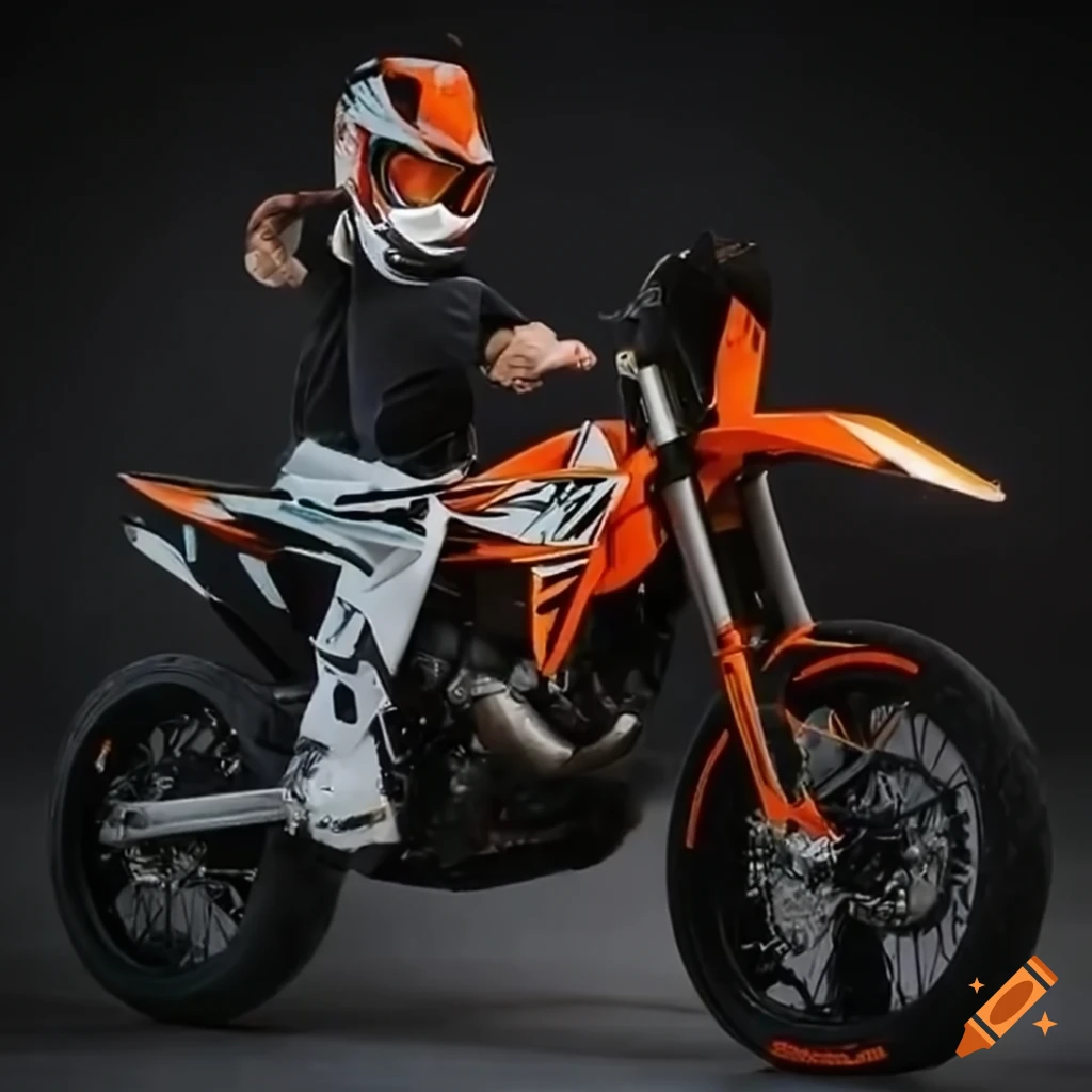 Man posing on a ktm 450 supermoto with an airoh helmet on Craiyon