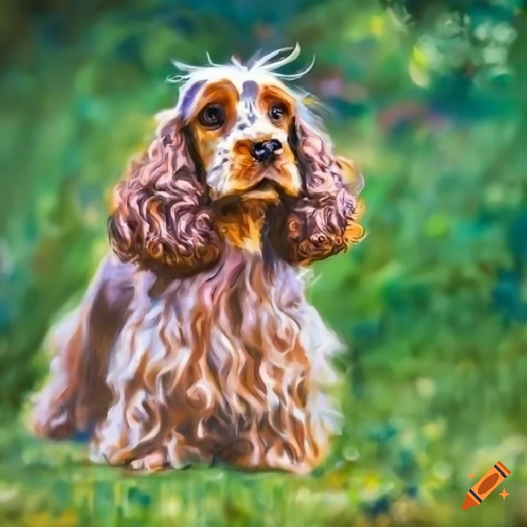 Fluffy cocker spaniel on grass in the style of renoir on Craiyon