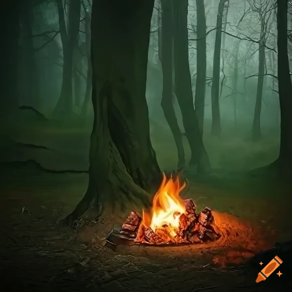 Camp fire in a medieval RPG fantasy forest landscape on Craiyon