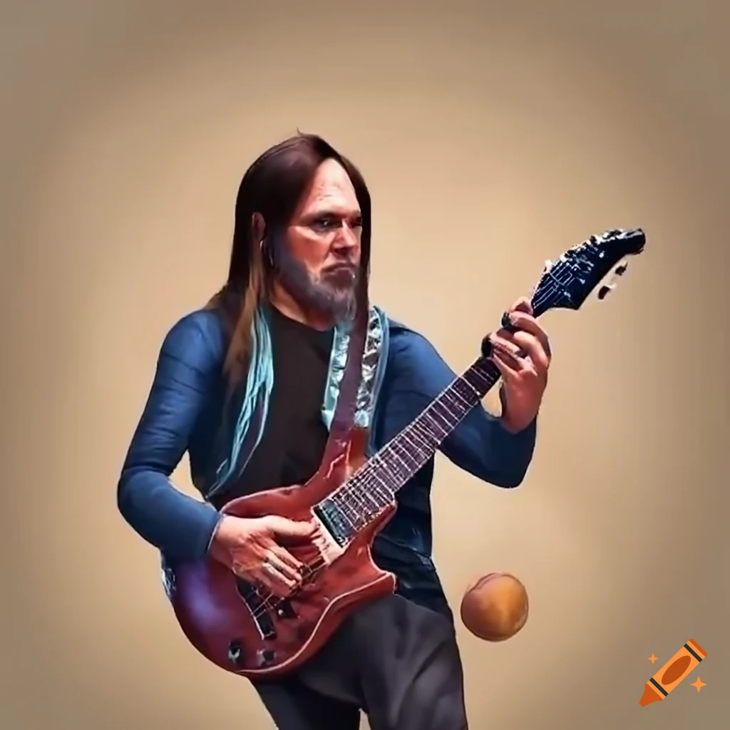 Rock guitarist playing intense power chords in a medieval courtyard on ...